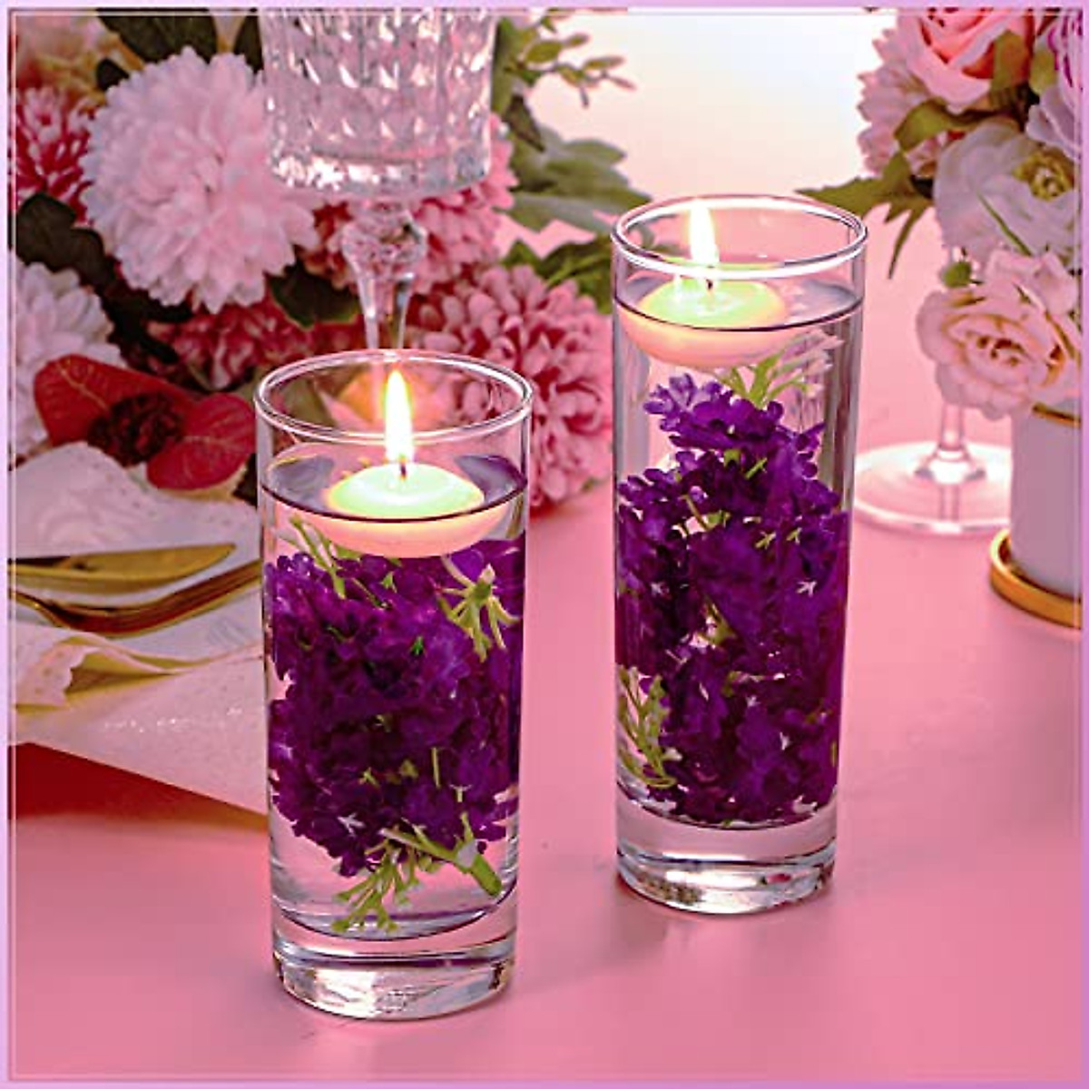 24 Set Artificial Faux Flowers for Floating Candles Centerpiece 12 Unscented Floating Candles and 12 Flower Vase Filler Table Centerpiece for Wedding Party Table Home Decor (Purple)