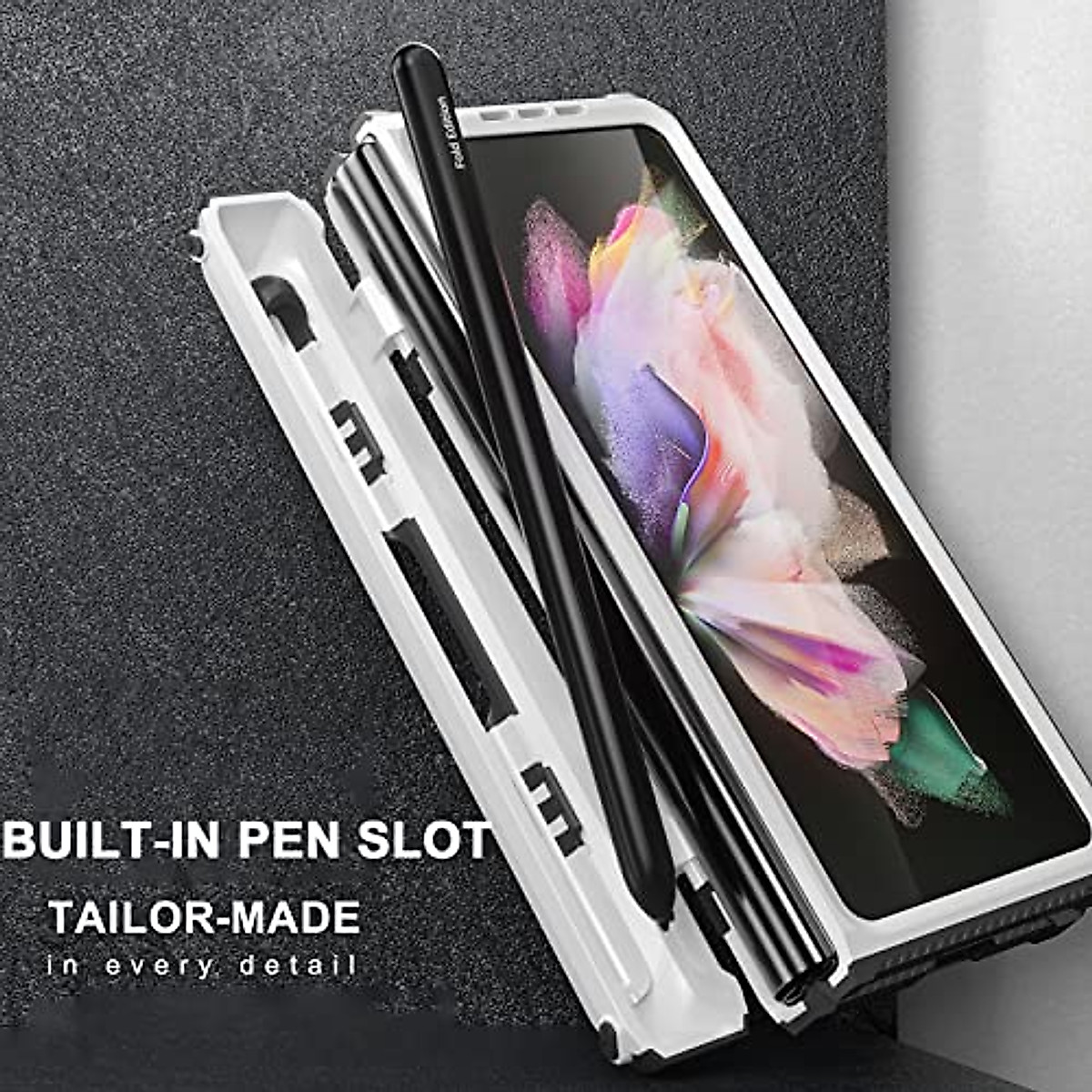 GooodiDEAR Galaxy Z Fold 3 Case, Heavy-Duty, Full Body Protection, Anti-Scratch, Slim - Foldable Trolley Case with Built-in Pen Slot, Kickstand & Screen Protector - TPU/PC, Wireless Charging, White