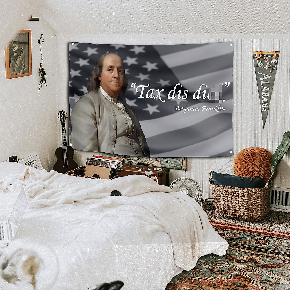 FULAISMGS Funny Flags Tax This Dic Flag Benjamin Franklin Flag for Room Tapestries for man cave College Dorm Room guys 3x5 FT (American flag background）