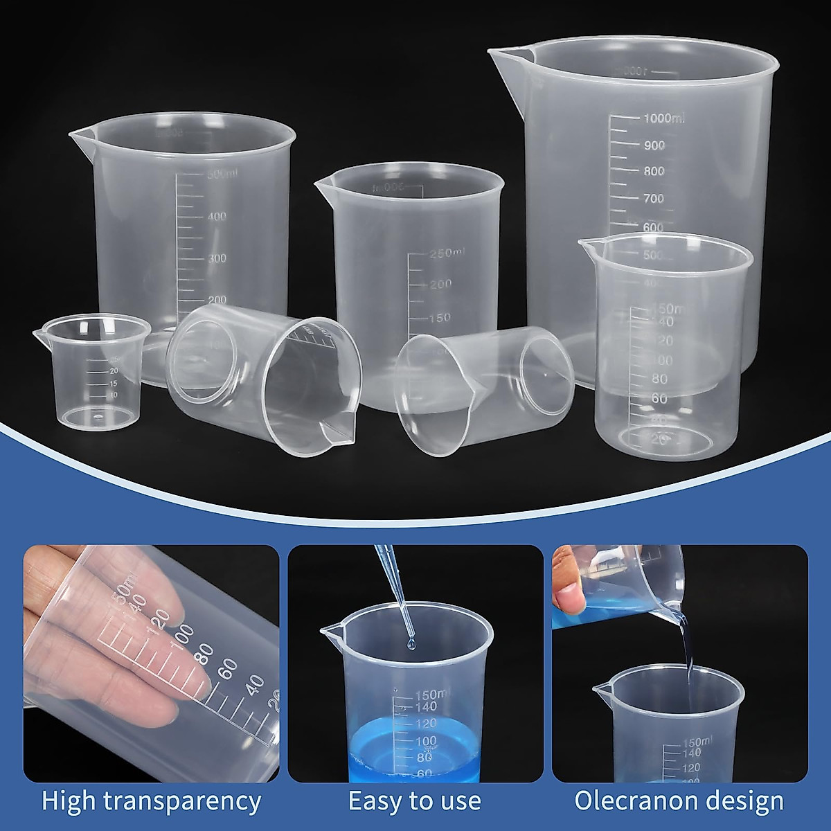 Twdrer 7 Sizes Plastic Beaker Set,Clear Measuring Graduated Liquid Container Beakers in 30ml/50ml/100ml/150ml/250ml/500ml/1000ml for Laboratory Measuring with 20 PCS Plastic Droppers in 3 ml