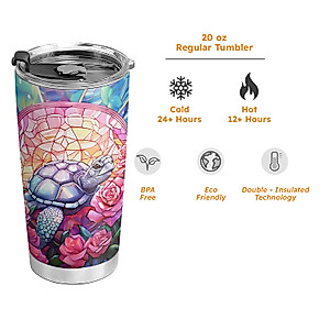 20oz Stained Glass Flower Sea Turtle Tumbler, Gifts for Turtle Lovers, Ocean, Beach Gifts, Coffee Thermos for Women, Stainless Steel Double Wall Vacuum Insulated Coffee Mug, Travel Cup with Lid