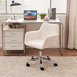Modern Faux Fur Home Office Chair, Upholstered Faux Fur Makeup Vanity Chair, White Furry Cute Desk Chair with Wheels & Chrome Base, Ergonomic Adjustable Swivel Task Chair for Girls Women Bedroom Study