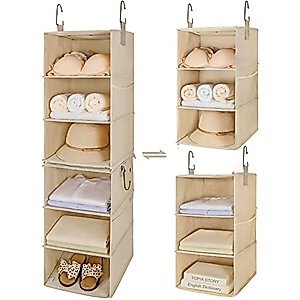 TOPIA HOME 6-Shelf Hanging Closet Organizer, Two Separable 3-Tier Thickened Fabric Hanging Closet Shelves with Mesh Pockets, Collapsible Closet Organizers and Storage Organization, Beige