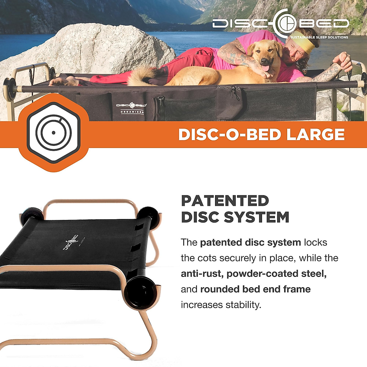 Disc-O-Bed Large, with 2 Side Organizers, Black