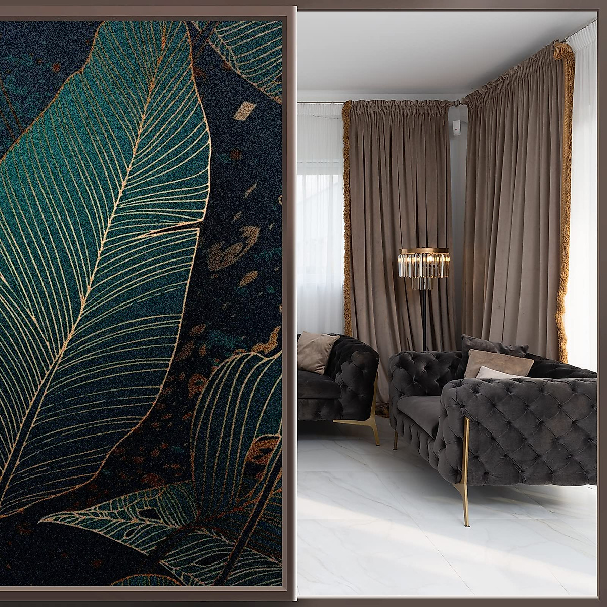 BoeHiop Window Privacy Film, Luxury Gold Green Palm Leaves Frosted Window Clings, Decorative Glass Covering Decals, Non-Adhesive Vinyl, 17.7 x 23.6 in