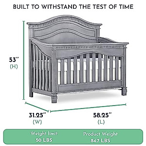 Evolur Cheyenne 5 in 1 Full Panel Convertible Crib in Storm Grey, JPMA & Greenguard Gold Certified, Crafted Out of kiln-Dried Hardwood, Features a high-Arch headboard & 3 Mattress Height Settings