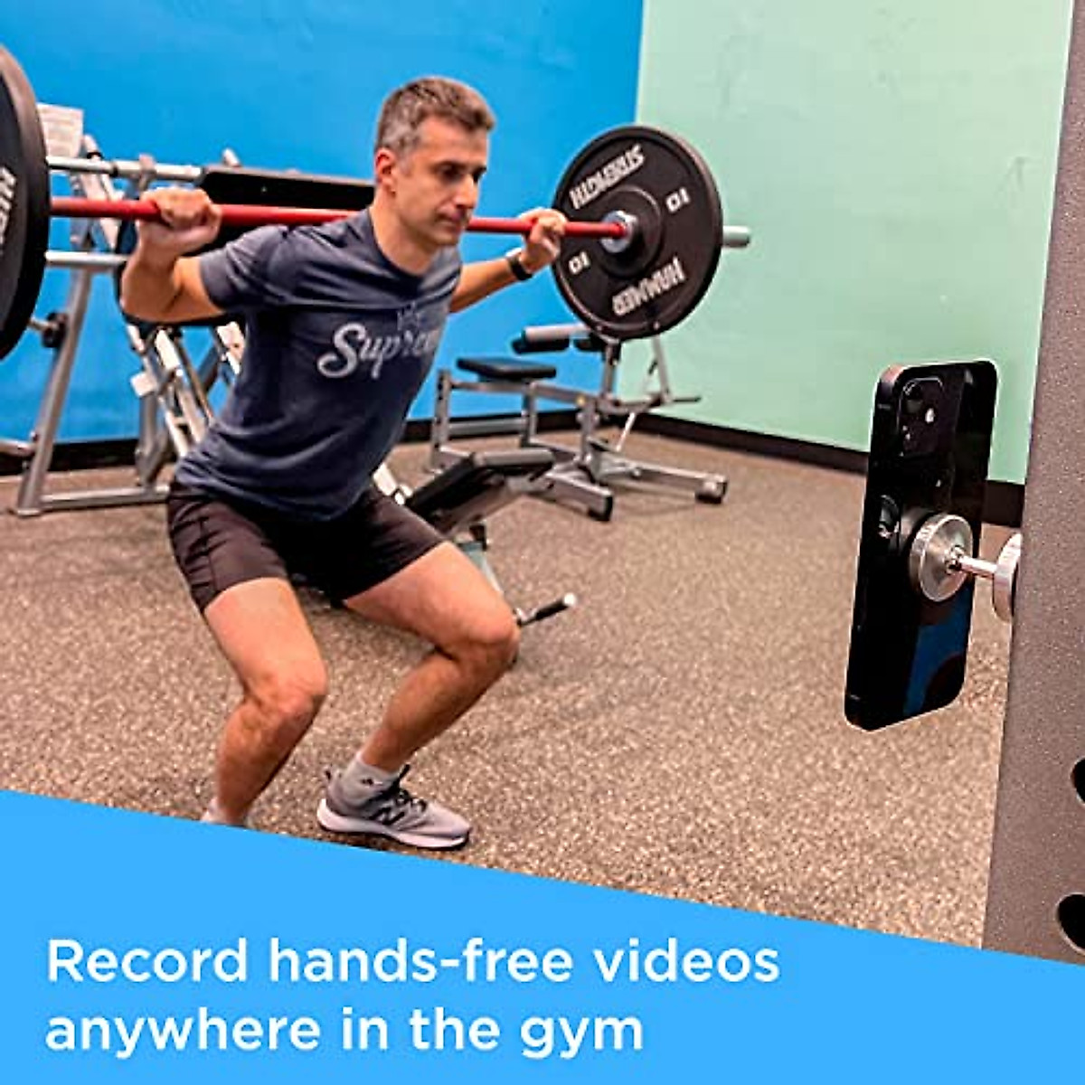 Gym Mate Dual Magnetic Phone Mount & Holder. Attaches magnetically to Metal Surface. Shoot Hands-Free Videos While Working Out. Strong Joints and Magnets. Compact Size.