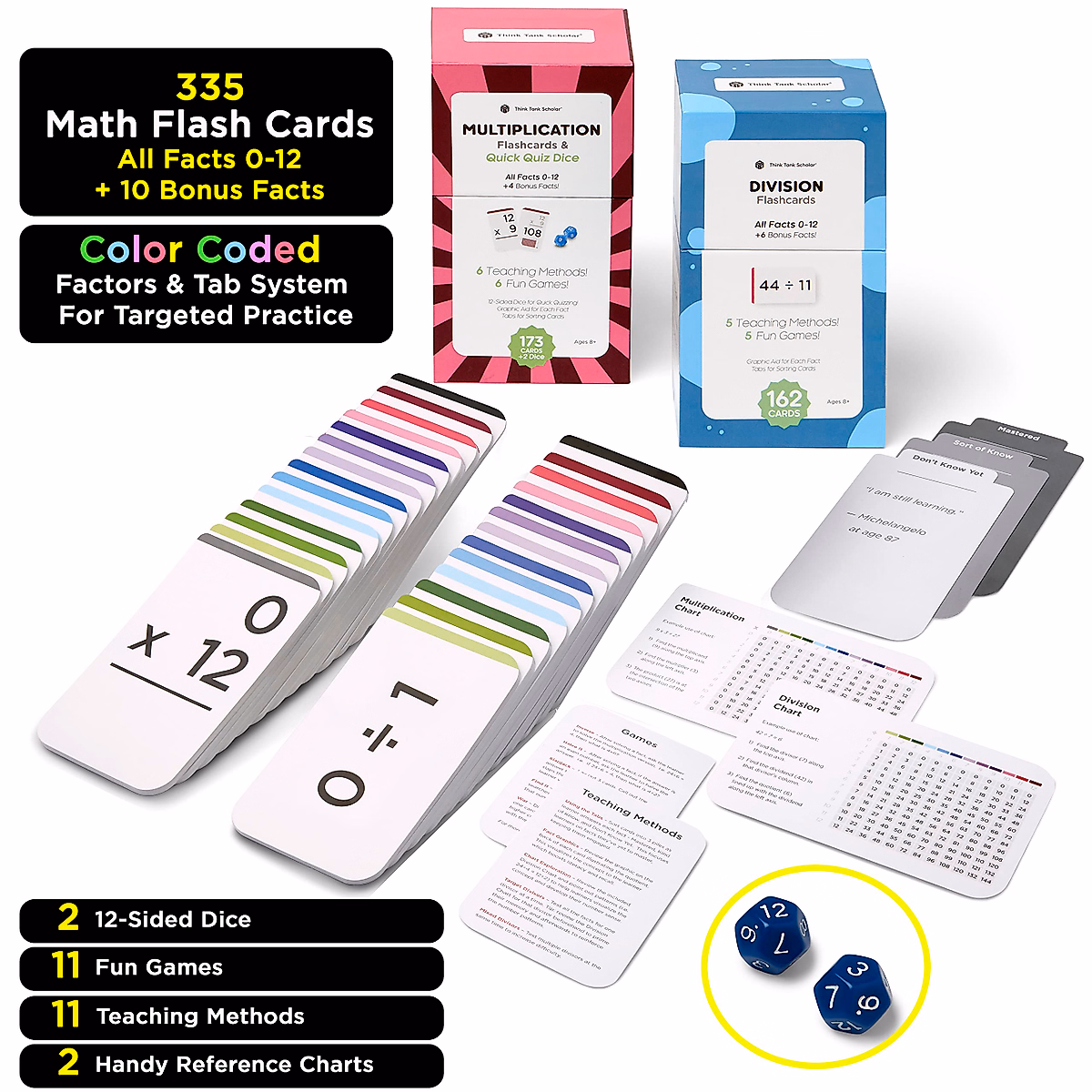 Think Tank Scholar 335 Multiplication & Division Flash Cards - 2 Math Dice (Award Winning) All Facts 0-12 Answer on Back, for Kids in 2ND, 3RD, 4TH, 5TH, 6TH Grade Class or Homeschool - Games & Charts