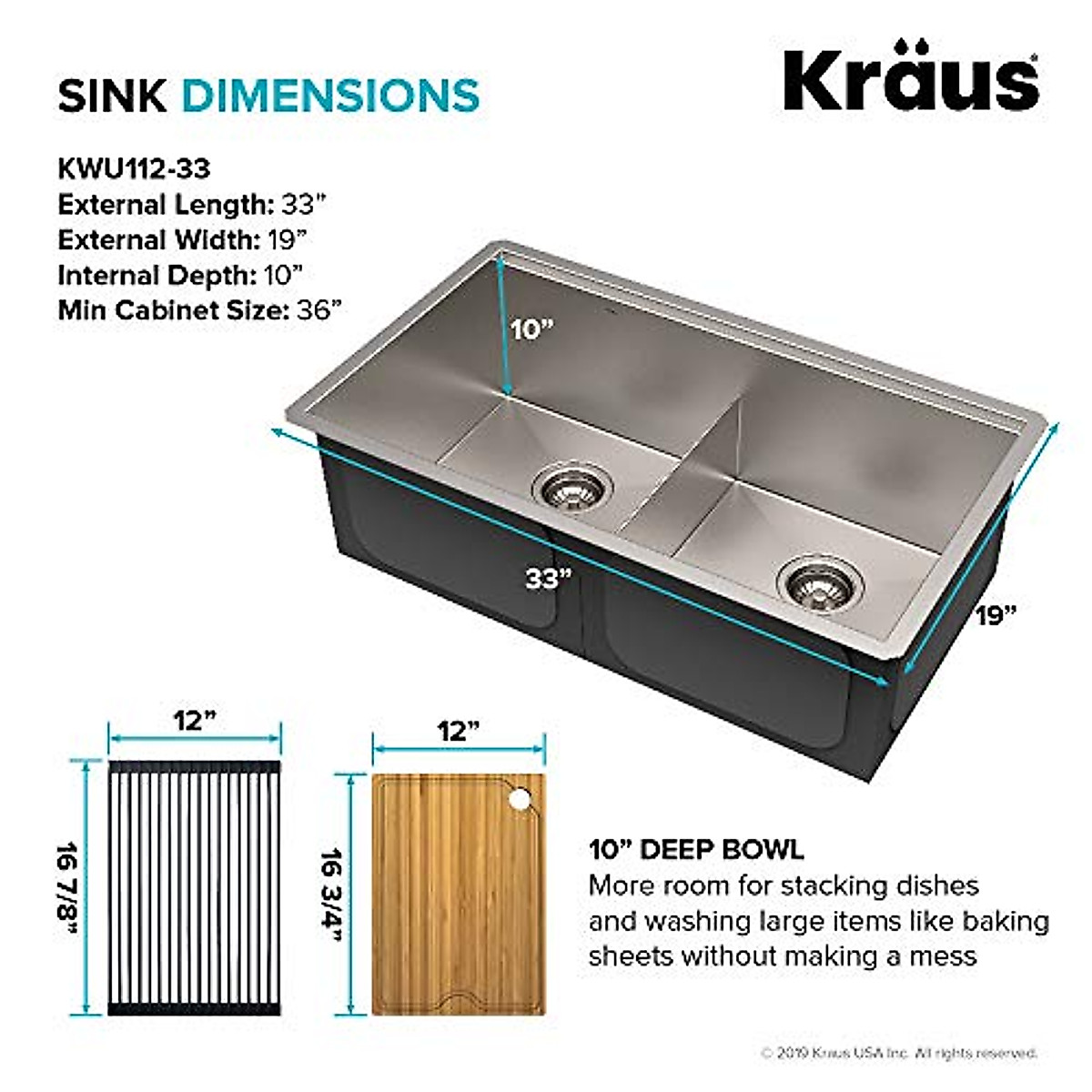 KRAUS Kore™ Workstation 33-inch Undermount 16 Gauge Double Bowl Stainless Steel Kitchen Sink with Accessories (Pack of 8) with WasteGuard™ Continuous Feed Garbage Disposal, KWU112-33-100-75MB