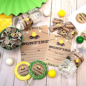 Backyard Bonfire Birthday Party Bundle Includes 20 each of Invitations & Thank You Cards with Envelopes + 2 Different Sizes of Stickers, Mini Candy Bar Wrappers, & Water Bottle Labels!
