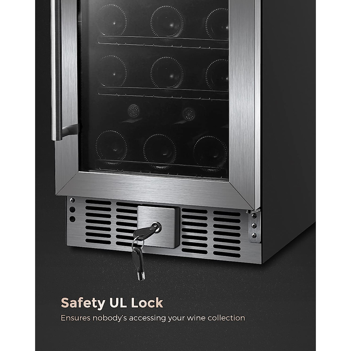WATOOR 15 Inch Wine Cellar Refrigerator 30 Bottle Wine Cooler Lock Beverage Wine Center for Built-in & Free Standing | 36 F to 61 F Temperature Control l Stainless Steel Glass Door