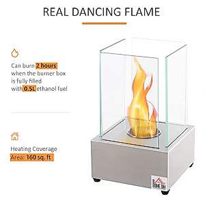 HOMCOM Ethanol Fireplace, 7.75" Tabletop 0.10 Gal Stainless Steel 160 Sq. Ft., Burns up to 2 Hours, Silver