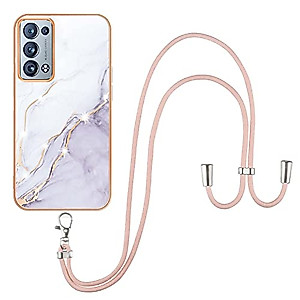 ONV Lanyard Case for Oppo Reno 6 Pro+ 5G - Crossbody Detachable Neck Strap Phone Case Silicone Bumper Marble Painted TPU Ultra Thin Cover for Oppo Reno 6 Pro+ 5G [Marble] -White
