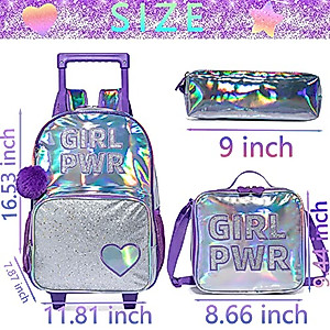 HTgroce 3PCS Purple Rolling Backpack for Girls, Girls Glitter Bookbag with Roller Wheels, Kindergarten Wheeled Backpack for Girls with Lunch Box