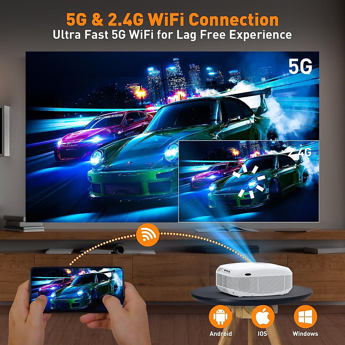 CRAZVIEW Projector, 5G Portable Video Projector with WiFi and Bluetooth Function, 9500L Outdoor Projector Native 1080P Support 350 Inch Display, Compatible with Android/iOS/TV Stick/Computer