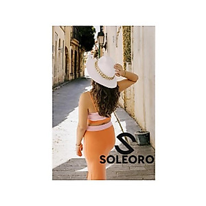 SOLEORO Chic Wide Brim Panama Fedora Straw Sun Hat with Gold Chain for Women Pool Beach Vacation Bachelorette