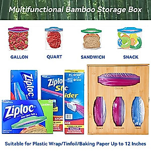 Ziplock Bag Organizer, Bamboo Expandable Plastic Stretch Film Dispenser Organizer for Gallon, Quart, Sandwich, Snack Bags, Food Storage Bag Organizer for Kitchen Drawer Fit 13'' Roll Variety Size Bags