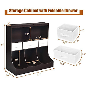 HONEY JOY Kids Toy Storage Organizer with Bookcase, 8-Cubby Organization Storage Cabinet w/Display Shelf & 3 Removable Fabric Bins, Wooden Toy Storage Unit for Playroom, Nursery Daycare(Espresso)