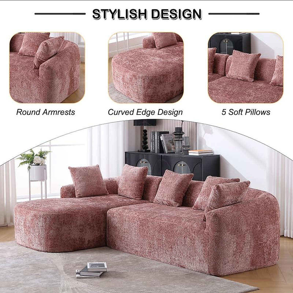 AZSJML Modular Sectional Sofa Couch, 99" L-Shape Sectional Cloud Couch for Living Room, Comfy Boucle Upholstered Deep Seat Couch, Modern Minimalist Sleeper Sofa for Apartment, Office, Pink