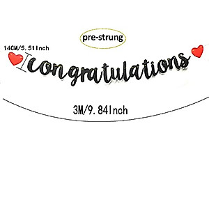 Congratulations Banner Black Letters & Red Symbol Hanging Paper Sign Decorations for Graduation, Achievement Party Celebrations, Wedding, Retirement, Bridal Shower, Shower Pre-Strung