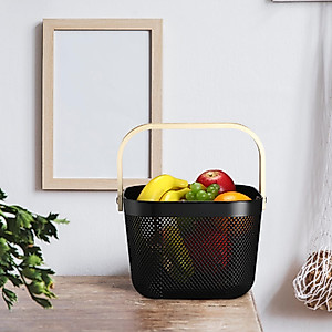 Sadnyy 4 Pcs Plastic Mesh Garden Harvest Basket Storage Basket with Wooden Handle Multi Functional Mesh Bin for Kitchen Cabinet Picnic Fruit Vegetable Gathering Organizer(Large, Small,Black)