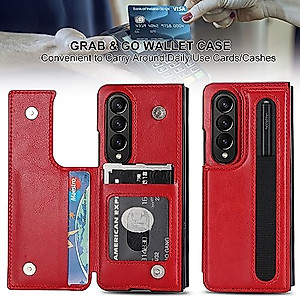 Case Compatible with Samsung Galaxy Z Fold 3 5G Wallet Case with S Pen Holder&Card Holder Kickstand, Women Men Leather Wallet Phone Case for Z Fold 3 Red