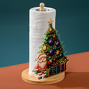 Christmas Paper Towel Holder - Wooden Countertop Dispenser with Acrylic Christmas Tree Design, Festive Holiday Kitchen Decor and Paper Towel Organizer