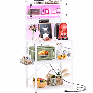 Aheaplus Bakers Rack with Power Outlet, Microwave Stand, 5 Tiers Coffee Bar Station with Led Lights, Kitchen Storage Shelf with 6 S-Shaped Hooks, Kitchen Rack for Spices, Pots and Pans, White