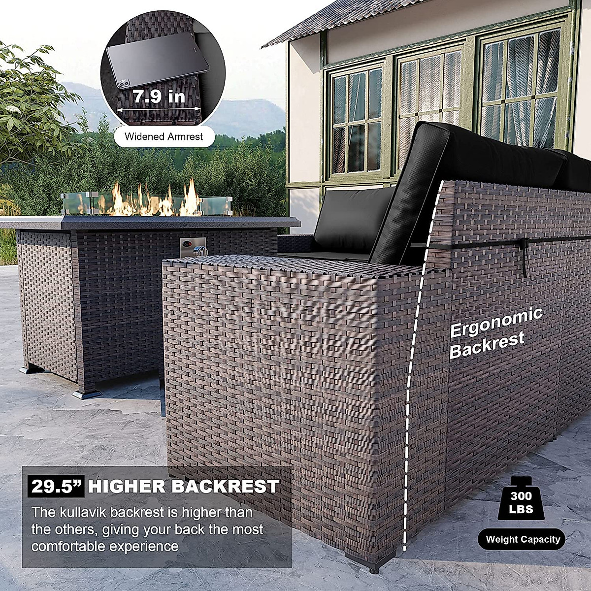 Kullavik 13 Pieces Outdoor Patio Furniture Set with 43" 55000BTU Gas Propane Fire Pit Table PE Wicker Rattan Sectional Sofa Patio Conversation Sets,Black