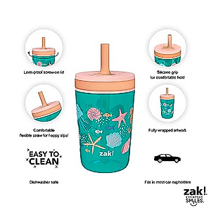 Zak Designs Shells Kelso Tumbler Set, Leak-Proof Screw-On Lid with Straw, Bundle for Kids Includes Plastic and Stainless Steel Cups with Bonus Sipper (3pc Set, Non-BPA) 15 fl.oz.