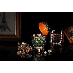 QIFU Vintage Green Faberge Egg Style Jewelry Trinket Box with Mini Royal Carriage, Unique Gift for Easter Collection