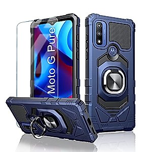 for Motorola Moto G Pure Case: with Tempered Screen Protector & Built in 360° Adjustable Ring Kickstand Shockproof Protection TPU Bumper Armor Design Phone Cover for Moto G Pure - Blue