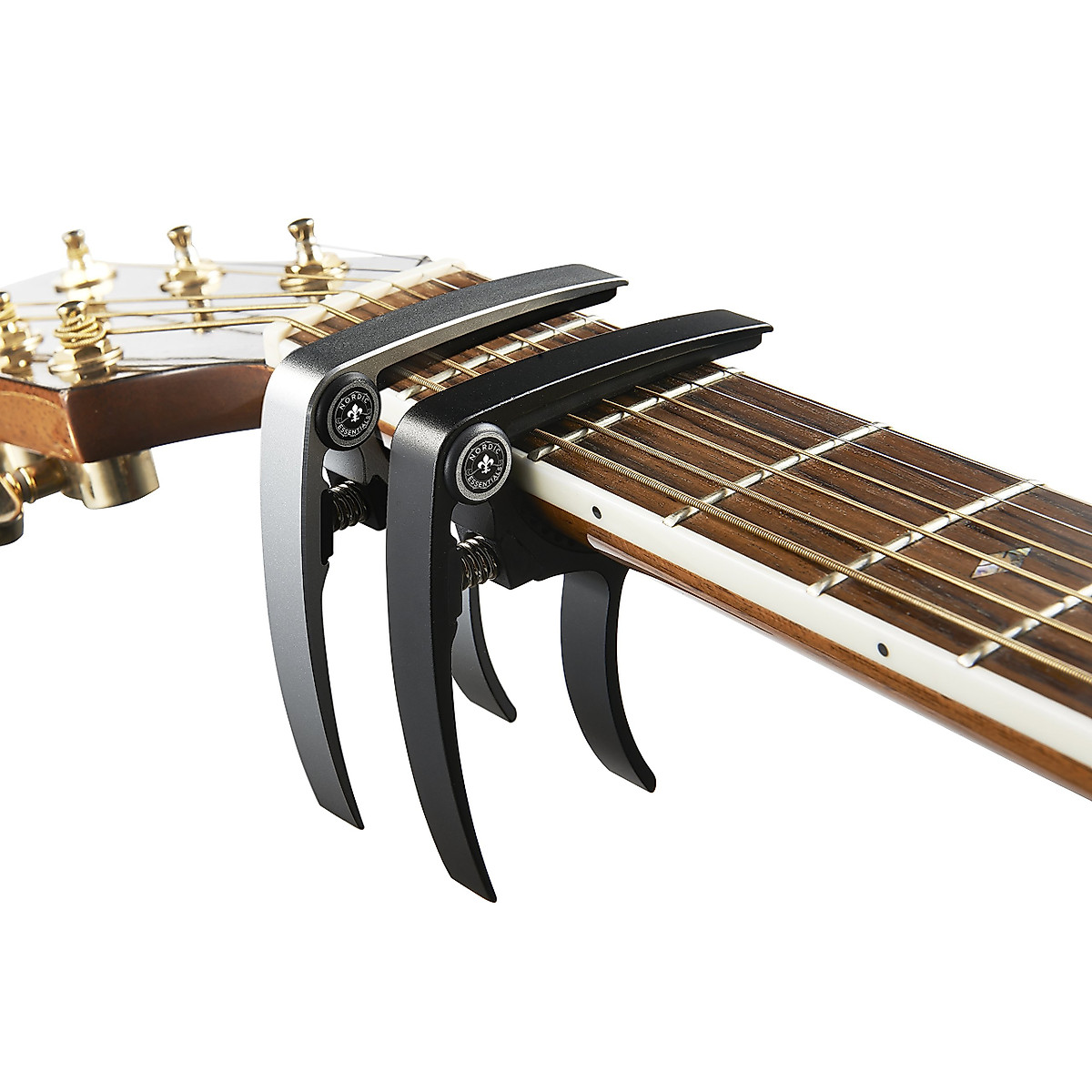 Guitar Capo (2 Pack) for Guitars, Ukulele, Banjo, Mandolin, Bass - Made of Ultra Lightweight Aluminum Metal (1.2 oz!) for 6 & 12 String Instruments - Nordic Essentials, Black+Silver