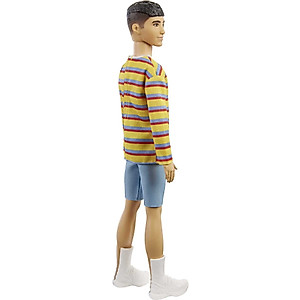 Barbie Ken Fashionistas Doll #175 with Brunette Hair Dressed in Colorful Striped Shirt, Denim Shorts and White Boots