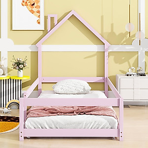 Luxo Abode Twin Size Montessori Floor Bed with Guardrails Fences, Pine Wood Bed Frame w/Chimney House-Shaped Headboard, Easy Assembly, for Toddlers, Children's Room, Playroom, Pink
