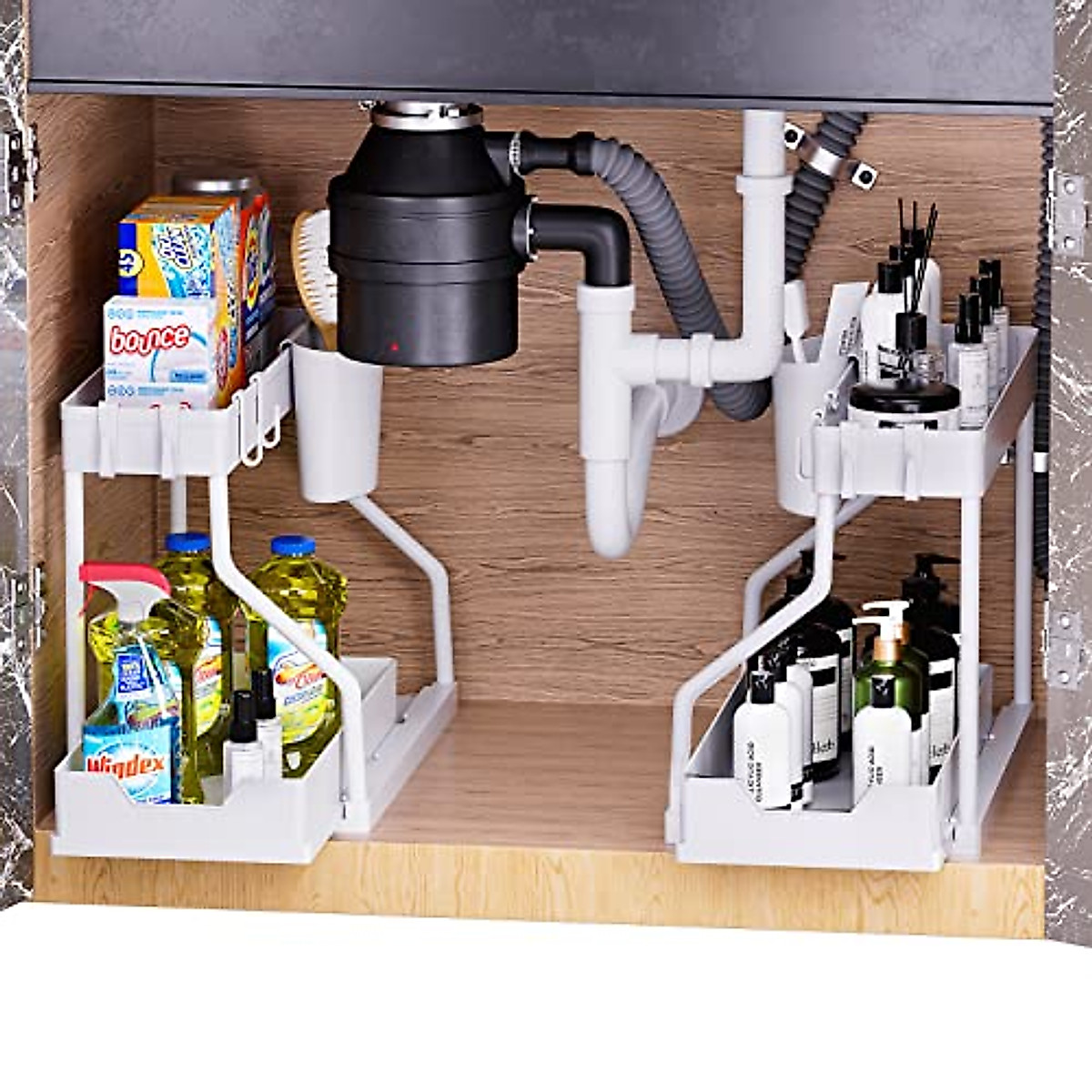 Puricon 2 Pack Under Sink Organizer, 2-Tier L-Shape Sliding Under Sink Organizers and Storage, Under Counter Storage Organizer Pull Out Under Sink Storage for Kitchen Bathroom -White