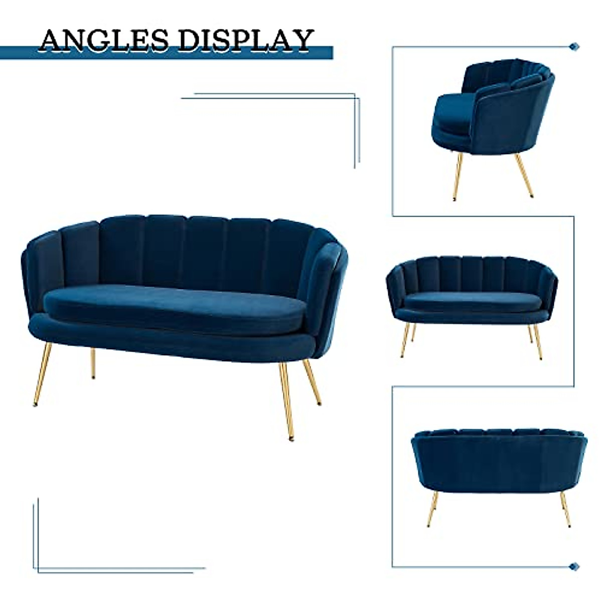 HULALA HOME 54.3" Loveseat Sofa with Gold Legs, Modern 2-Seater Sofa for Living Room Bedroom, Comfy Upholstered Love Seat Small Couch with Channel Stitching Back, Navy