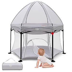 BABY JOY 53'' Outdoor Baby Playpen, Portable Large Play Yard for Babies and Toddlers w/Removable UV Canopy, Bag, Padded Mat, Foldable Travel Baby Beach Tent Play Pens for Both Indoors and Yard Grey