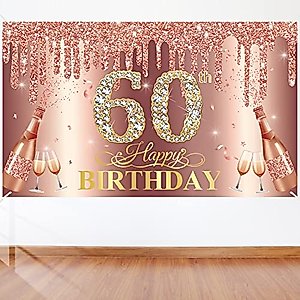Rose Gold 60th Birthday Banner Decoration for Women, Pink Rose Gold Happy 60th Birthday Backdrop Sign Party Supplies, Sixty Years Old Birthday Photo Background Decor for Indoor Outdoor