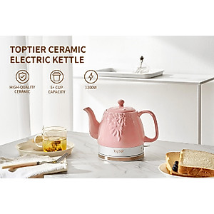 Toptier Electric Ceramic Tea Kettle, Boil Water Quickly and Easily, Detachable Swivel Base & Boil Dry Protection, Carefree Auto Shut Off, 1 L (1 LITER, Light Pink)