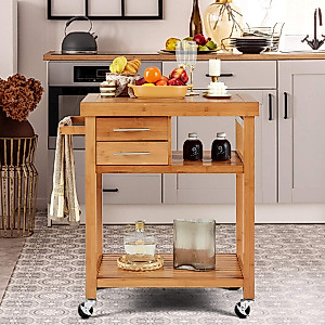 EROMMY Rolling Bamboo Wood Kitchen Island Cart, Multi-Purpose Kitchen Trolley Cart on Wheels, Rolling Kitchen Cart with Drawers, Open Storage Shelves, Towel Rack, Locking Casters