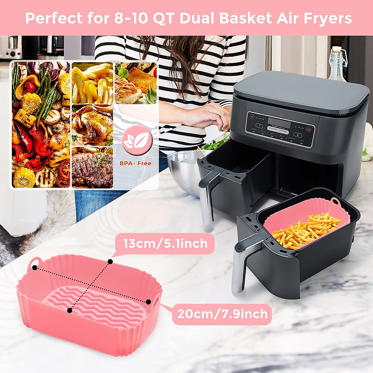 Air Fryer Silicone Pots, 2 Packs Food Grade Reusable Heat Resistant Easy Cleaning Silicone Air Fryer Liner Basket Bowl Accessories for Ninja Foodi Dual DZ201 DZ401 DZ550 8 QT 10 QT Air Fryer