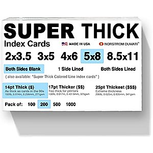 200 SUPER THICK index cards/ 5"x8" / 14pt (0.014") 100lb / blank un-ruled/archival acid-free