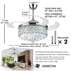 KPIBEST 42 inch Crystal Ceiling Fan with Lights and Remote Control 3 Light Level, Modern Luxury Chandelier Fans Lighting with 3 Speeds and Retractable Blades for Dining/Living Room Bedroom