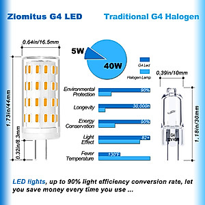 Ziomitus G4 T3 LED Landscape Bulbs 5W 12~24V, G4 40W 35W Halogen Equivalent,2700k Soft Warm White,Low Voltage G4 JC Bi-Pin Light Bulbs for Outdoor Deck Stair Step Path Lighting,450 LM,(10Pack)