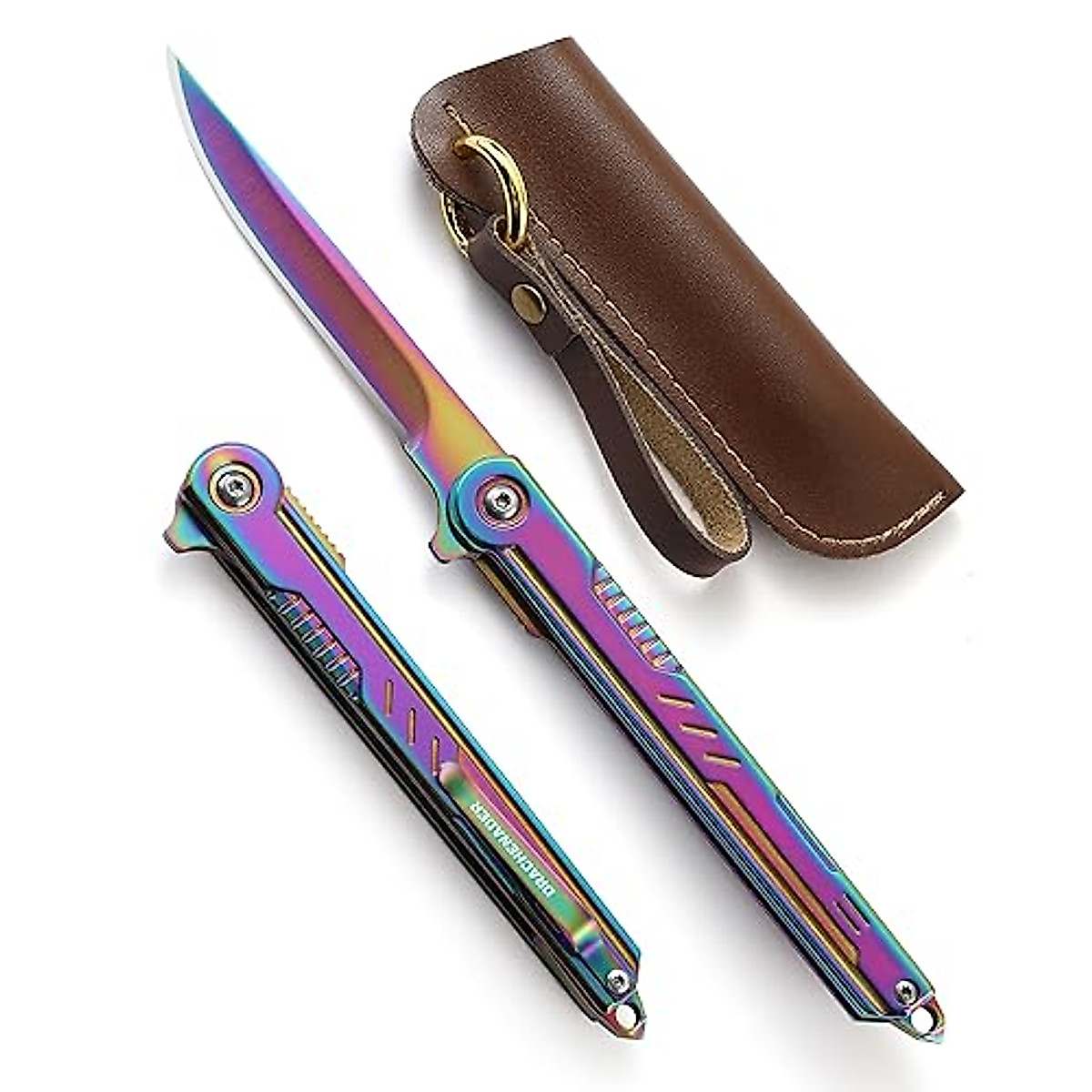DRACHENADER Rainbow Pocket Knife 8.1" for Men EDC Colored Knife Keychain Pretty folding knife with clip and sheath, gift for mom, girlfriend, women
