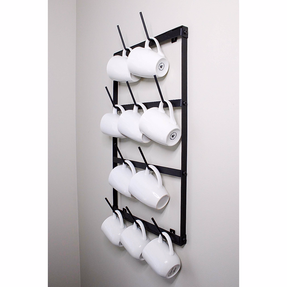 Claimed Corner Mini Coffee Mug Rack - 4 Row Metal Wall Mounted Storage Display Organizer for Coffee Mugs, Tea Cups, Mason Jars, and More.