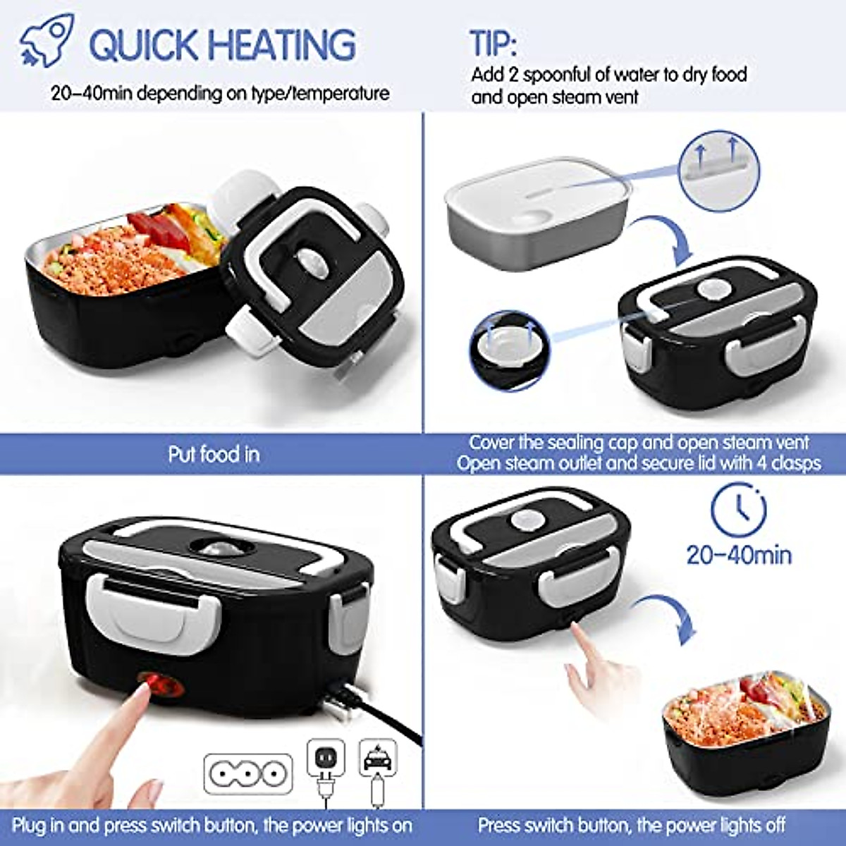 CocoBela Electric Lunch Box Food Heater, Portable Food Warmer with Removable 304 Stainless Steel Container, Dishwasher Safe, Suitable for Home and Car Use