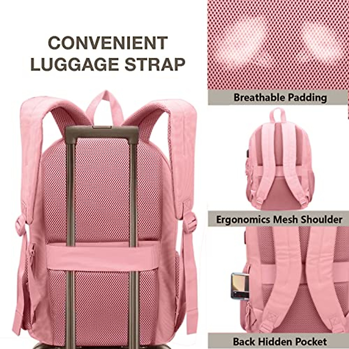 KEOFID Classic Travel backpack for Men and Women, Anti Theft Laptop Backpack with USB Charging Port for Work, Large Bag for College, Water Resistent(Bright Pink)