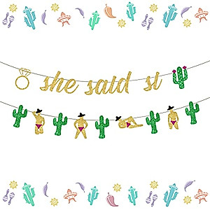 2PCS She Said Si Gold Glitter Banner, Glittery Mexican Fiesta Cactus Man Garland for Mexican Fiesta Theme Bachelorette Party Fiesta Bridal Shower Decorations Supplies